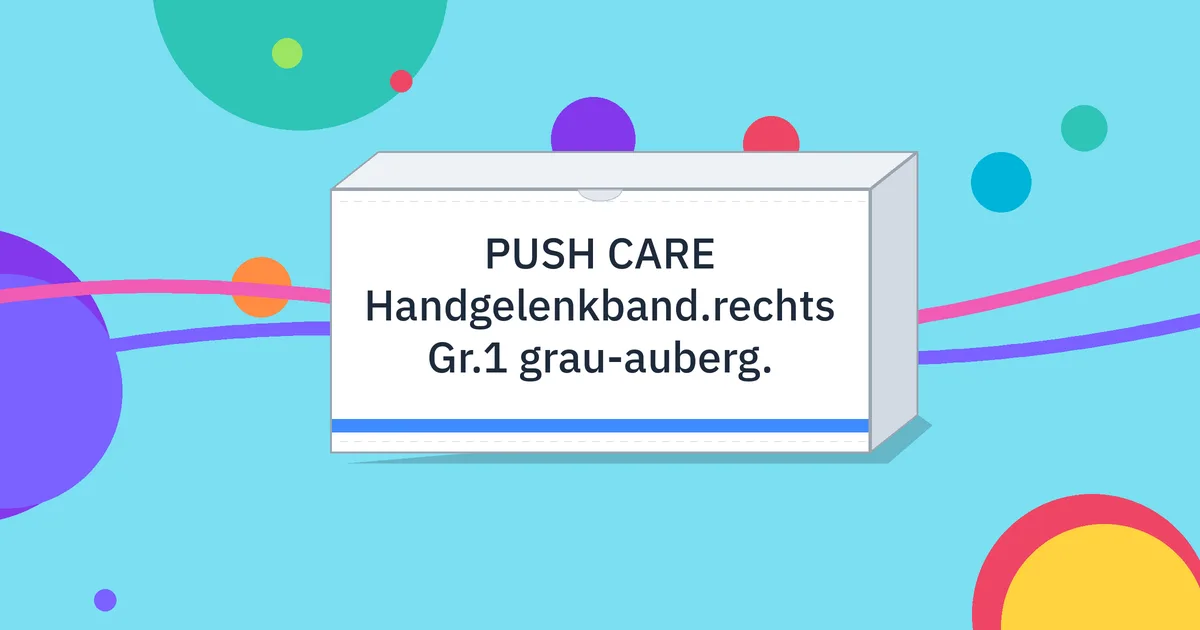 Symbolbild: Packung mit der Aufschrift PUSH CARE Handgelenkband.rechts Gr.1 grau-auberg. (PZN 04860455) – Verfügbarkeit und Bezug in Apotheken in Frankfurt am Main