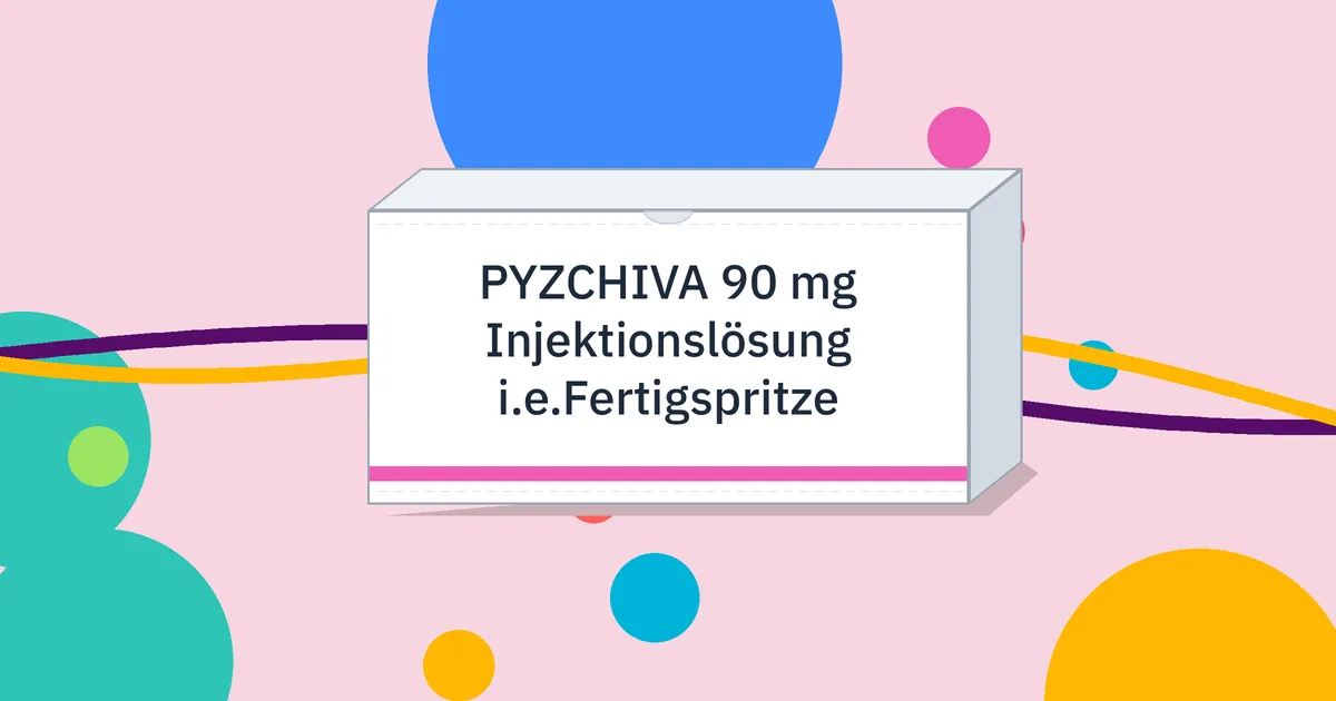Symbolbild: Packung mit der Aufschrift PYZCHIVA 90 mg Injektionslösung i.e.Fertigspritze (PZN 19666227) – Verfügbarkeit und Bezug in Apotheken in Frankfurt am Main