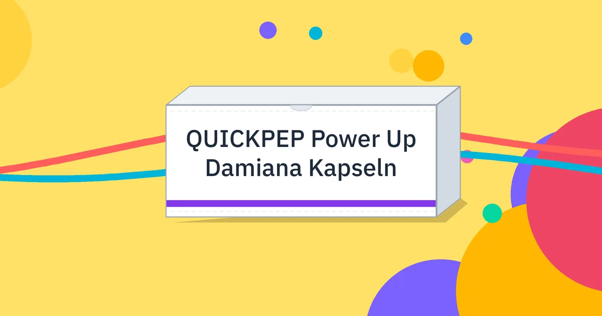 Symbolbild: Packung mit der Aufschrift QUICKPEP Power Up Damiana Kapseln (PZN 18653777) – Verfügbarkeit und Bezug in Apotheken in Frankfurt am Main