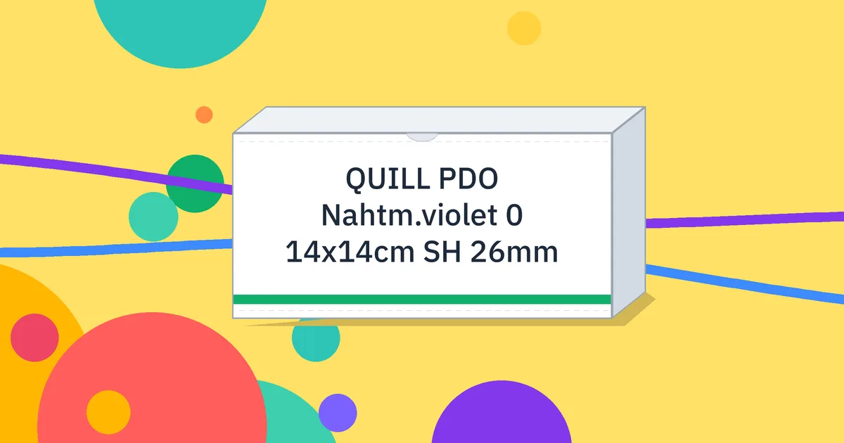 Symbolbild: Packung mit der Aufschrift QUILL PDO Nahtm.violet 0 14x14cm SH 26mm (PZN 17989736) – Verfügbarkeit und Bezug in Apotheken in Frankfurt am Main