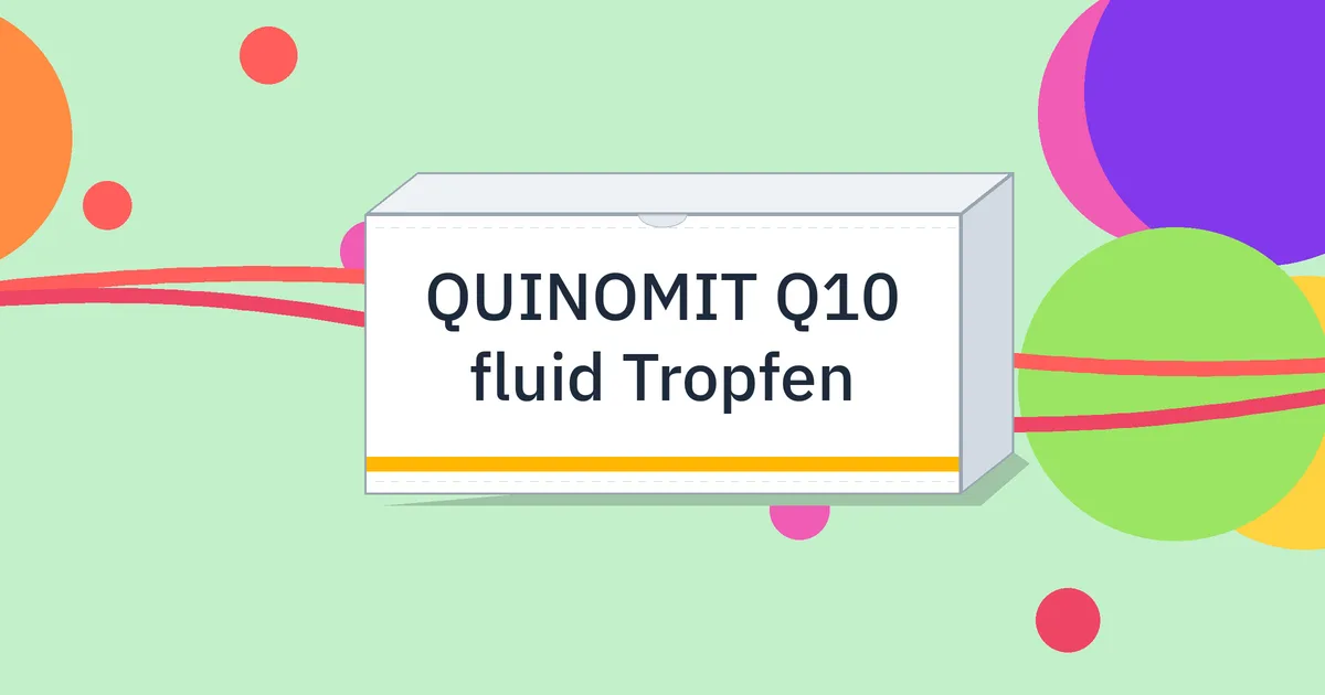 Symbolbild: Packung mit der Aufschrift QUINOMIT Q10 fluid Tropfen (PZN 05032387) – Verfügbarkeit und Bezug in Apotheken in Frankfurt am Main