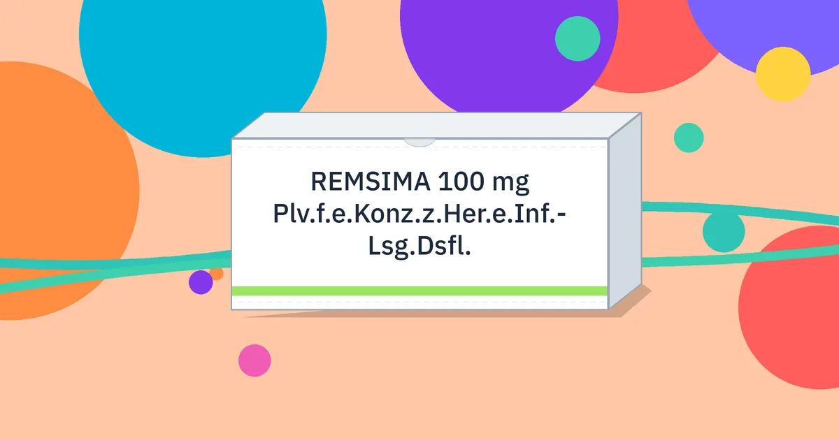 Symbolbild: Packung mit der Aufschrift REMSIMA 100 mg Plv.f.e.Konz.z.Her.e.Inf.-Lsg.Dsfl. (PZN 15896491) – Verfügbarkeit und Bezug in Apotheken in Frankfurt am Main