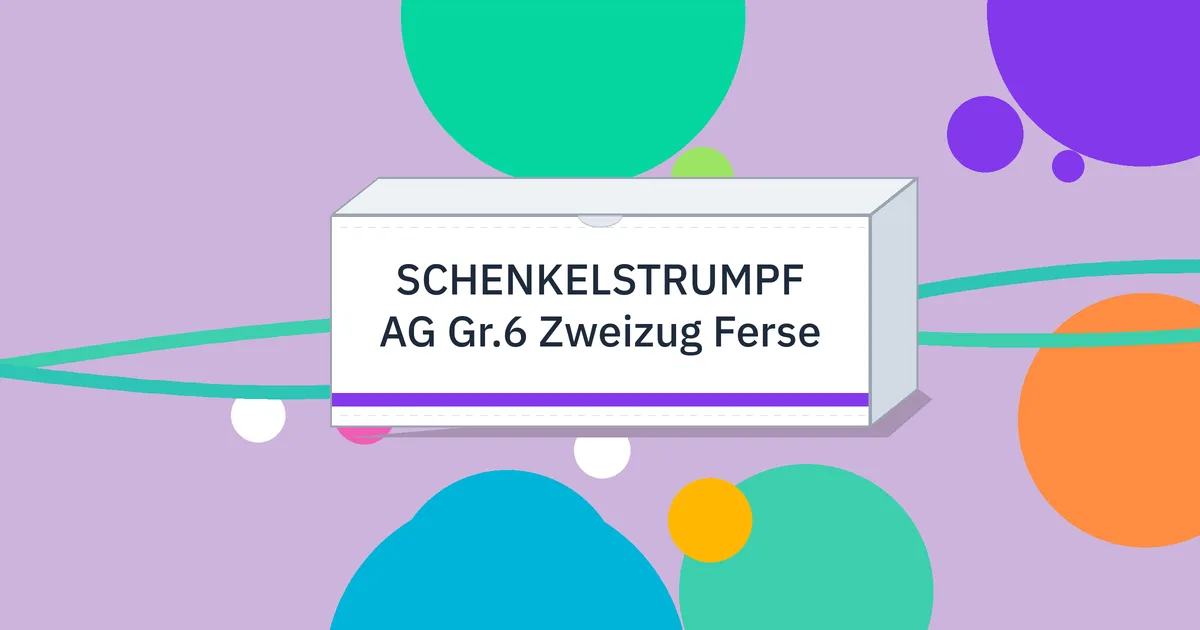 Symbolbild: Packung mit der Aufschrift SCHENKELSTRUMPF AG Gr.6 Zweizug Ferse (PZN 01738251) – Verfügbarkeit und Bezug in Apotheken in Frankfurt am Main