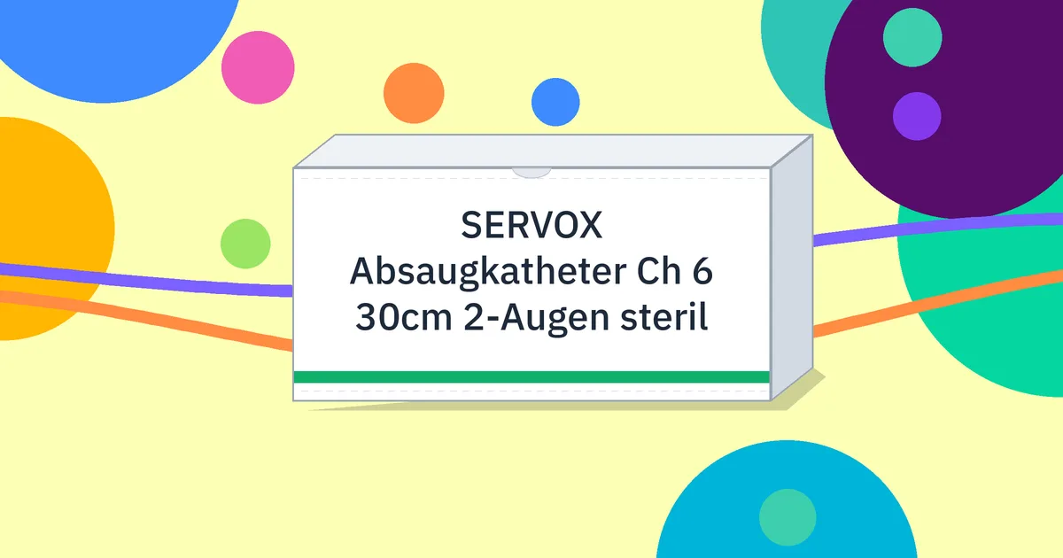 Symbolbild: Packung mit der Aufschrift SERVOX Absaugkatheter Ch 6 30cm 2-Augen steril (PZN 16394917) – Verfügbarkeit und Bezug in Apotheken in Frankfurt am Main