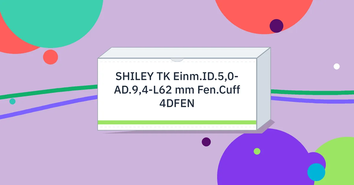 Symbolbild: Packung mit der Aufschrift SHILEY TK Einm.ID.5,0-AD.9,4-L62 mm Fen.Cuff 4DFEN (PZN 03381020) – Verfügbarkeit und Bezug in Apotheken in Frankfurt am Main