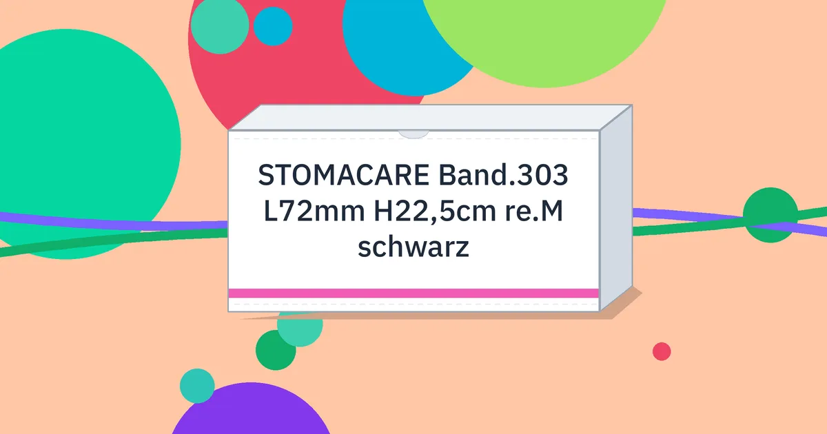 Symbolbild: Packung mit der Aufschrift STOMACARE Band.303 L72mm H22,5cm re.M schwarz (PZN 10841137) – Verfügbarkeit und Bezug in Apotheken in Frankfurt am Main