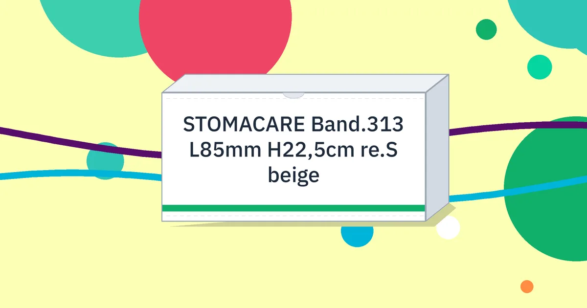 Symbolbild: Packung mit der Aufschrift STOMACARE Band.313 L85mm H22,5cm re.S beige (PZN 10840793) – Verfügbarkeit und Bezug in Apotheken in Frankfurt am Main
