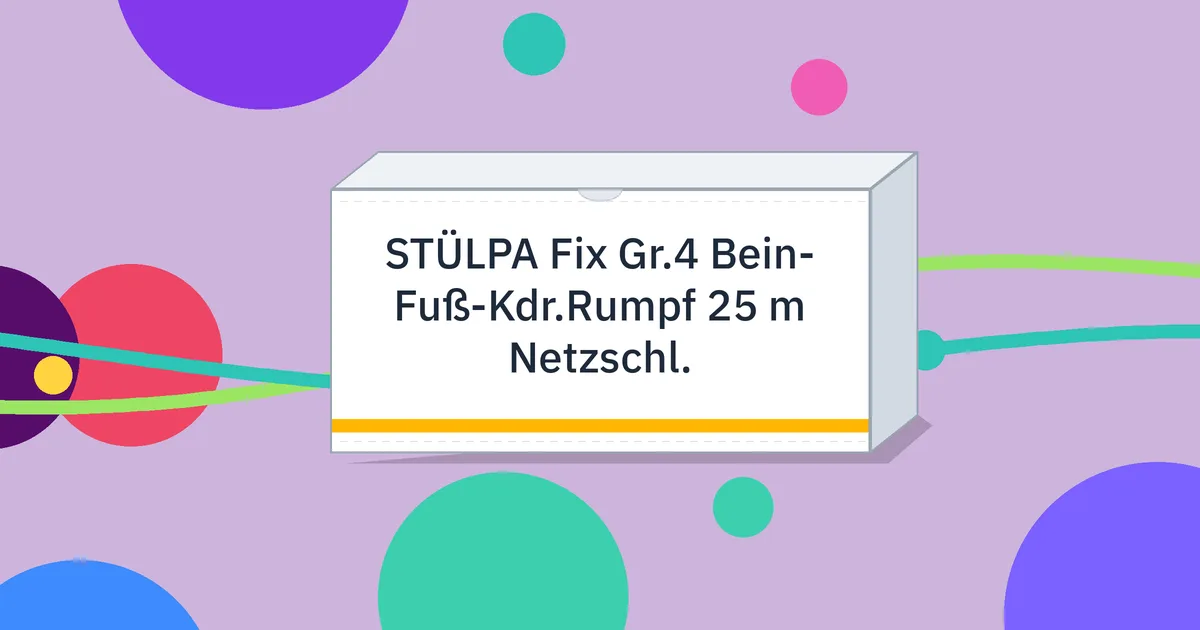 Symbolbild: Packung mit der Aufschrift STÜLPA Fix Gr.4 Bein-Fuß-Kdr.Rumpf 25 m Netzschl. (PZN 15782333) – Verfügbarkeit und Bezug in Apotheken in Frankfurt am Main
