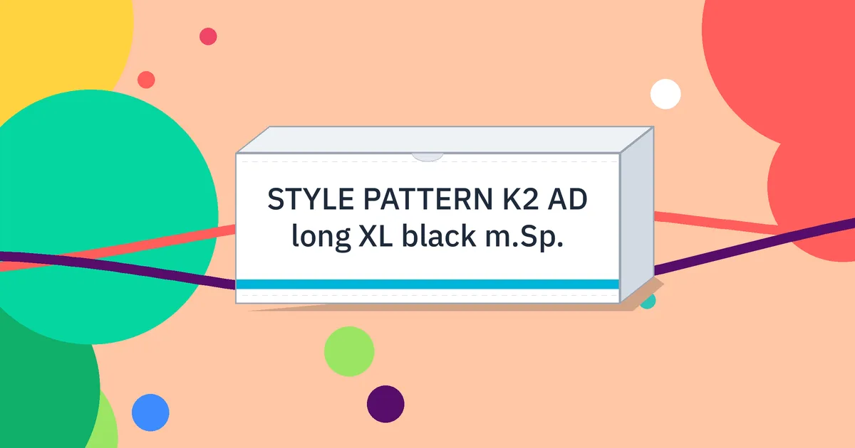 Symbolbild: Packung mit der Aufschrift STYLE PATTERN K2 AD long XL black m.Sp. (PZN 19695281) – Verfügbarkeit und Bezug in Apotheken in Frankfurt am Main