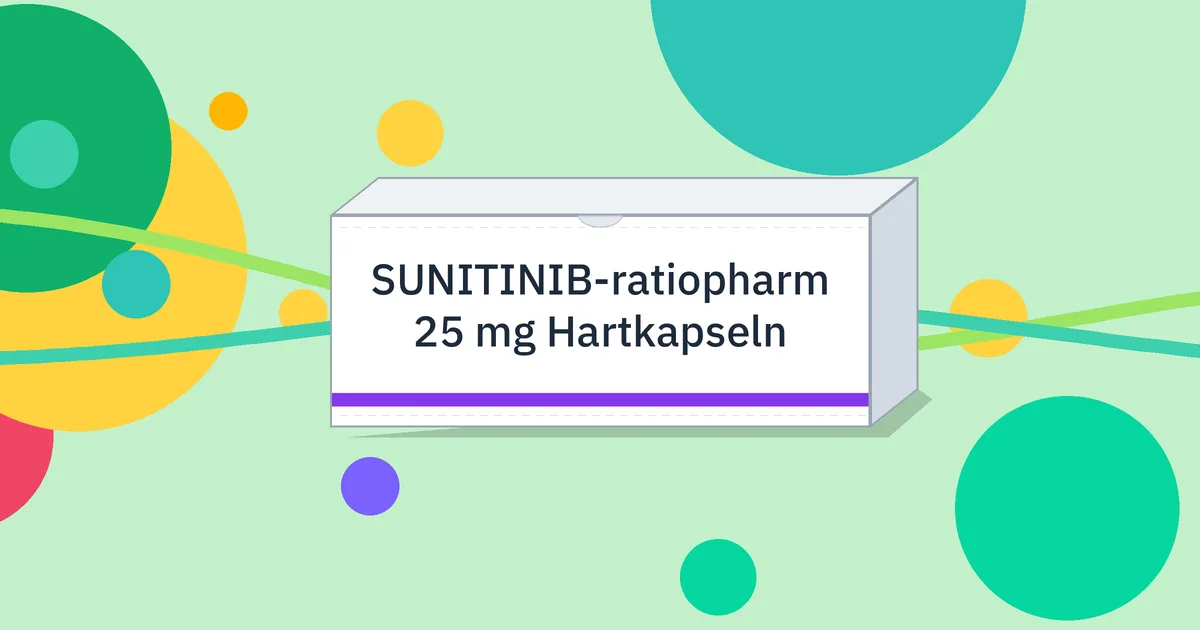 Symbolbild: Packung mit der Aufschrift SUNITINIB-ratiopharm 25 mg Hartkapseln (PZN 17438829) – Verfügbarkeit und Bezug in Apotheken in Frankfurt am Main