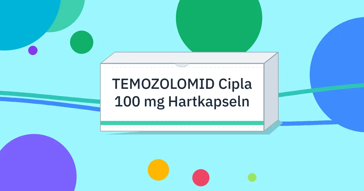 Symbolbild: Packung mit der Aufschrift TEMOZOLOMID Cipla 100 mg Hartkapseln (PZN 11715050) – Verfügbarkeit und Bezug in Apotheken in Frankfurt am Main