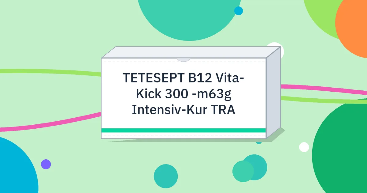 Symbolbild: Packung mit der Aufschrift TETESEPT B12 Vita-Kick 300 -m63g Intensiv-Kur TRA (PZN 16122047) – Verfügbarkeit und Bezug in Apotheken in Frankfurt am Main