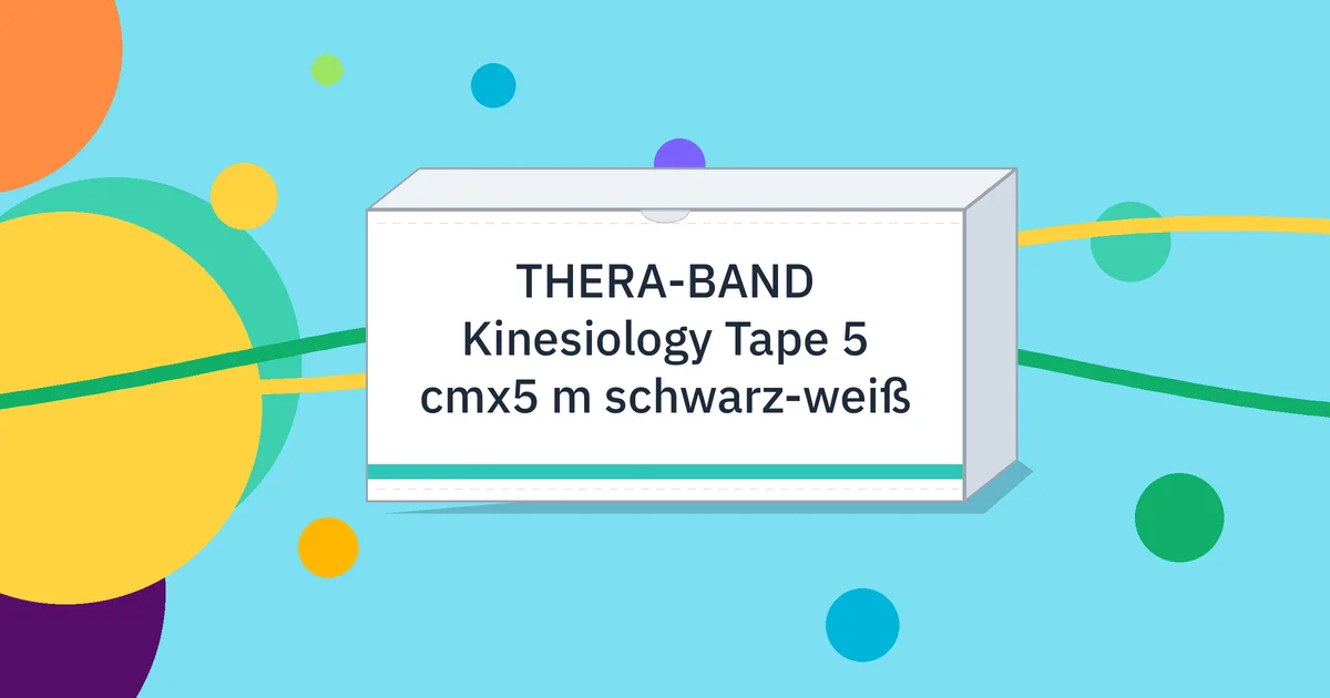Symbolbild: Packung mit der Aufschrift THERA-BAND Kinesiology Tape 5 cmx5 m schwarz-weiß (PZN 15614699) – Verfügbarkeit und Bezug in Apotheken in Frankfurt am Main