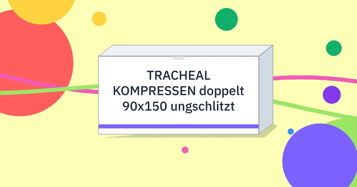 Symbolbild: Packung mit der Aufschrift TRACHEAL KOMPRESSEN doppelt 90x150 ungschlitzt (PZN 04397112) – Verfügbarkeit und Bezug in Apotheken in Frankfurt am Main