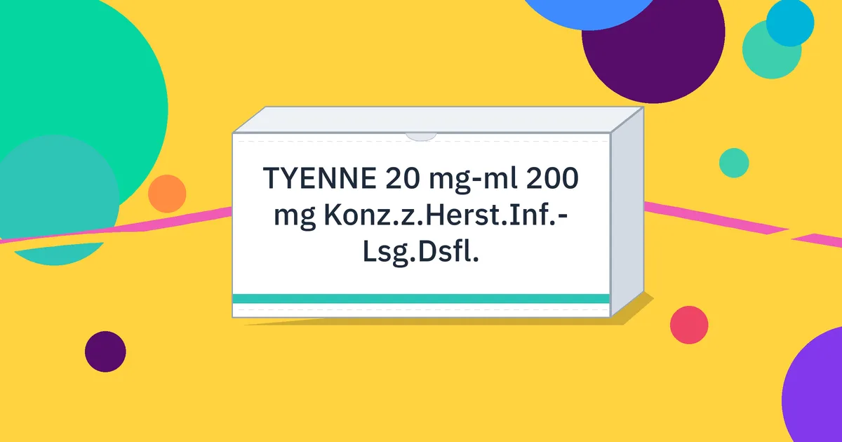 Symbolbild: Packung mit der Aufschrift TYENNE 20 mg-ml 200 mg Konz.z.Herst.Inf.-Lsg.Dsfl. (PZN 20013944) – Verfügbarkeit und Bezug in Apotheken in Frankfurt am Main