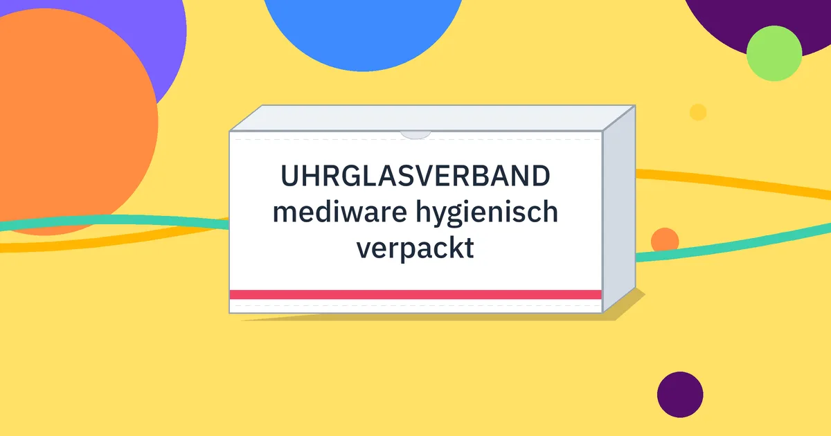 Symbolbild: Packung mit der Aufschrift UHRGLASVERBAND mediware hygienisch verpackt (PZN 18825020) – Verfügbarkeit und Bezug in Apotheken in Frankfurt am Main
