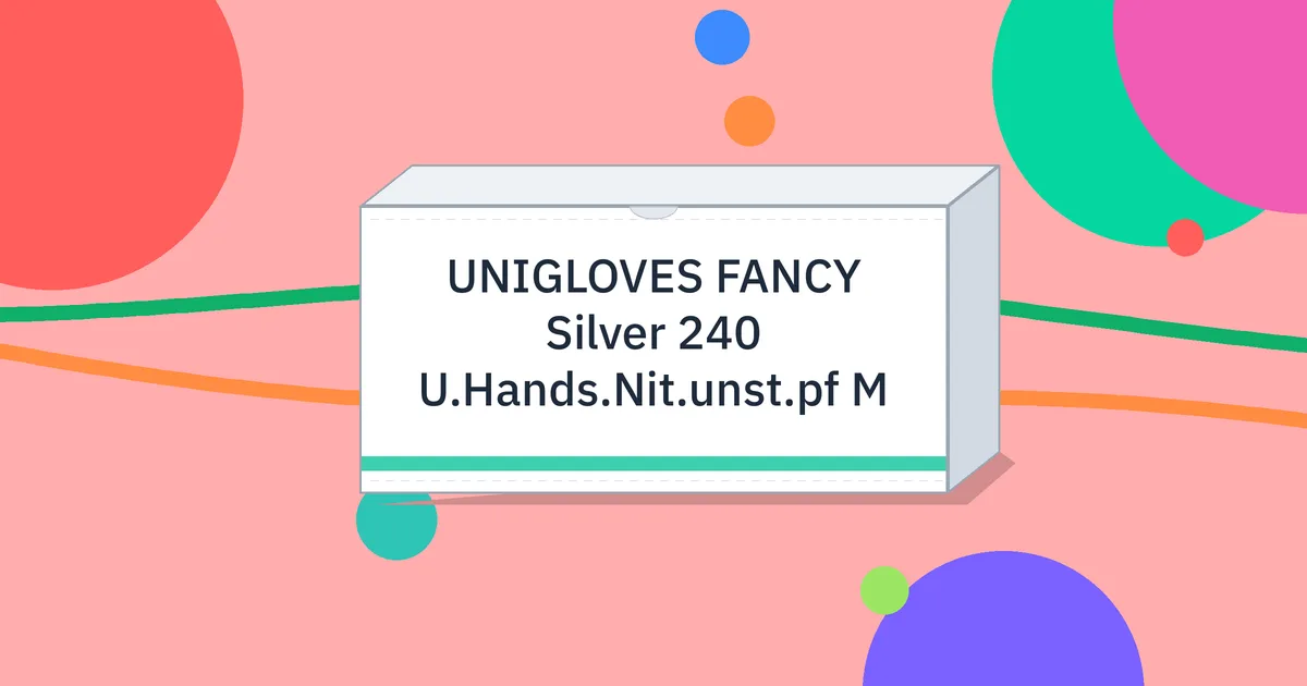 Symbolbild: Packung mit der Aufschrift UNIGLOVES FANCY Silver 240 U.Hands.Nit.unst.pf M (PZN 18725850) – Verfügbarkeit und Bezug in Apotheken in Frankfurt am Main
