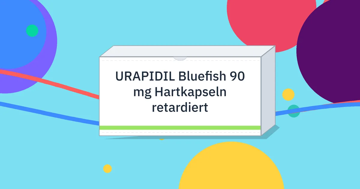 Symbolbild: Packung mit der Aufschrift URAPIDIL Bluefish 90 mg Hartkapseln retardiert (PZN 16779066) – Verfügbarkeit und Bezug in Apotheken in Frankfurt am Main