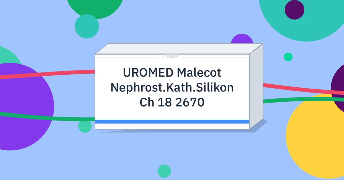 Symbolbild: Packung mit der Aufschrift UROMED Malecot Nephrost.Kath.Silikon Ch 18 2670 (PZN 03281413) – Verfügbarkeit und Bezug in Apotheken in Frankfurt am Main