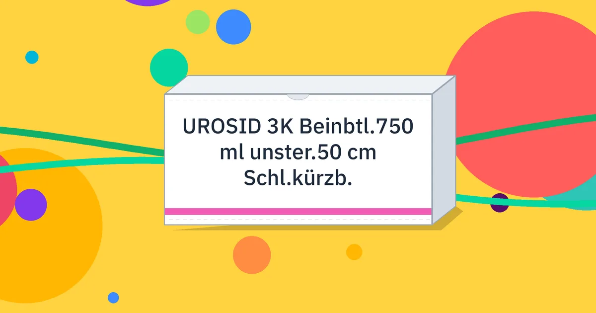 Symbolbild: Packung mit der Aufschrift UROSID 3K Beinbtl.750 ml unster.50 cm Schl.kürzb. (PZN 06078500) – Verfügbarkeit und Bezug in Apotheken in Frankfurt am Main
