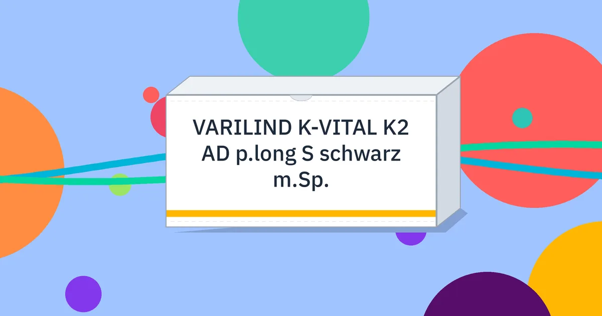 Symbolbild: Packung mit der Aufschrift VARILIND K-VITAL K2 AD p.long S schwarz m.Sp. (PZN 20568263) – Verfügbarkeit und Bezug in Apotheken in Frankfurt am Main
