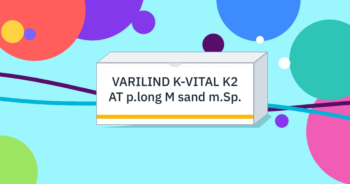 Symbolbild: Packung mit der Aufschrift VARILIND K-VITAL K2 AT p.long M sand m.Sp. (PZN 20561249) – Verfügbarkeit und Bezug in Apotheken in Frankfurt am Main