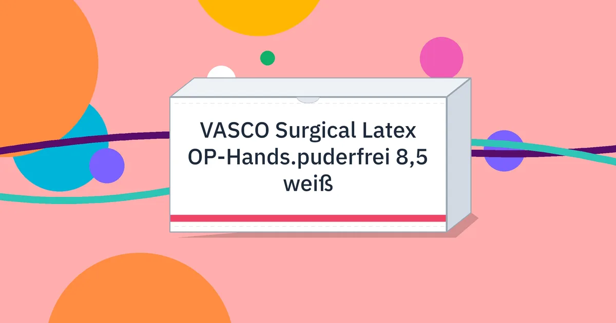 Symbolbild: Packung mit der Aufschrift VASCO Surgical Latex OP-Hands.puderfrei 8,5 weiß (PZN 19708977) – Verfügbarkeit und Bezug in Apotheken in Frankfurt am Main
