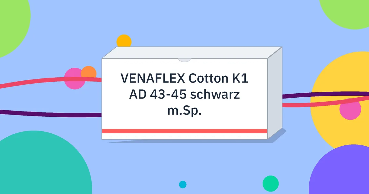 Symbolbild: Packung mit der Aufschrift VENAFLEX Cotton K1 AD 43-45 schwarz m.Sp. (PZN 18309011) – Verfügbarkeit und Bezug in Apotheken in Frankfurt am Main
