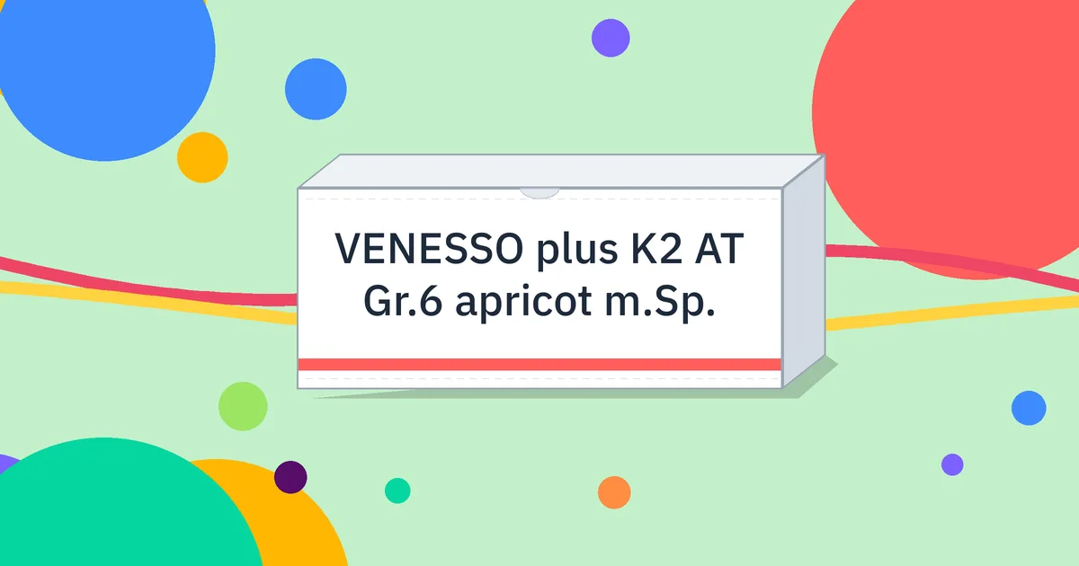 Symbolbild: Packung mit der Aufschrift VENESSO plus K2 AT Gr.6 apricot m.Sp. (PZN 03286066) – Verfügbarkeit und Bezug in Apotheken in Frankfurt am Main