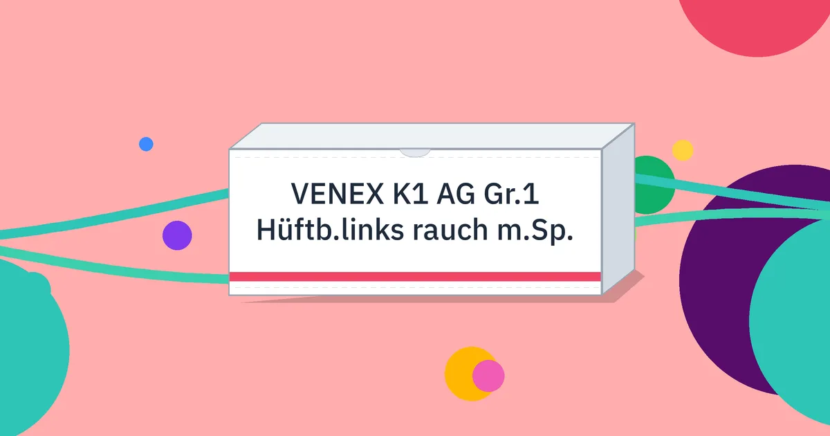 Symbolbild: Packung mit der Aufschrift VENEX K1 AG Gr.1 Hüftb.links rauch m.Sp. (PZN 03199083) – Verfügbarkeit und Bezug in Apotheken in Frankfurt am Main