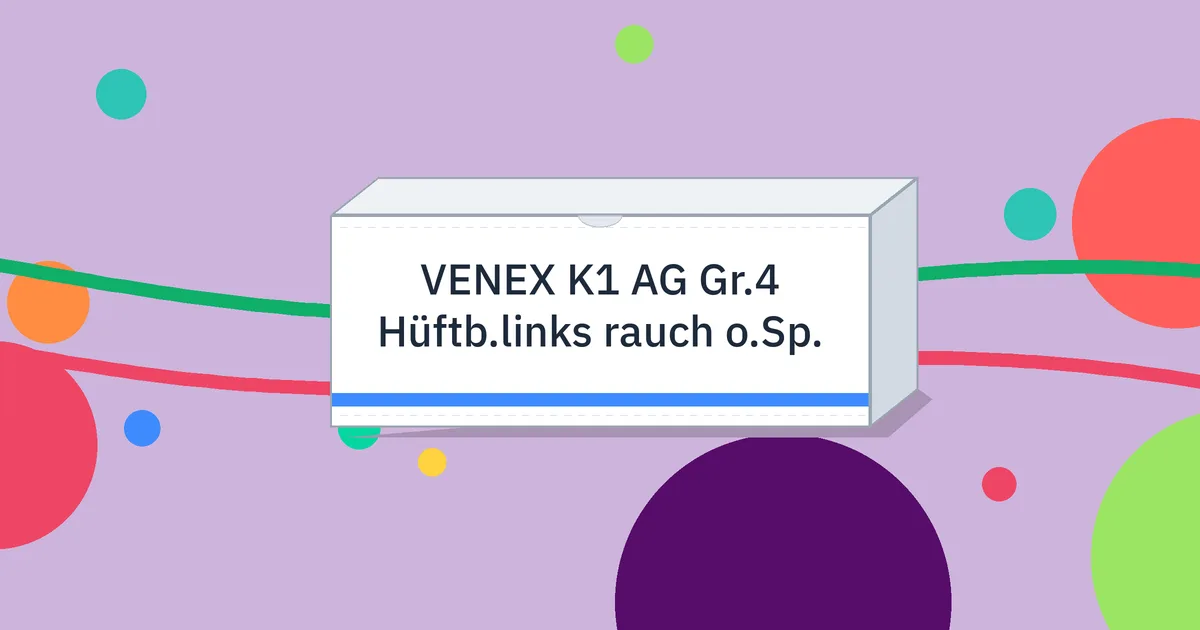 Symbolbild: Packung mit der Aufschrift VENEX K1 AG Gr.4 Hüftb.links rauch o.Sp. (PZN 03205027) – Verfügbarkeit und Bezug in Apotheken in Frankfurt am Main