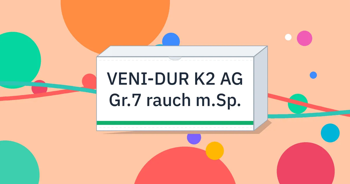 Symbolbild: Packung mit der Aufschrift VENI-DUR K2 AG Gr.7 rauch m.Sp. (PZN 03245920) – Verfügbarkeit und Bezug in Apotheken in Frankfurt am Main