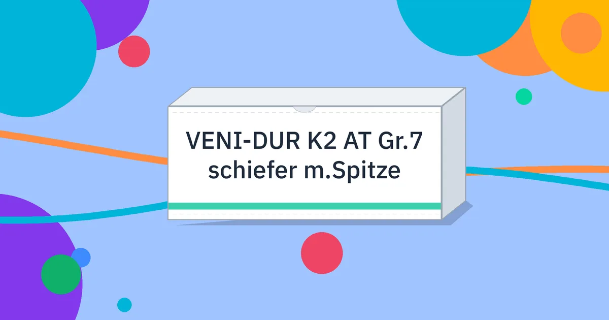 Symbolbild: Packung mit der Aufschrift VENI-DUR K2 AT Gr.7 schiefer m.Spitze (PZN 03243944) – Verfügbarkeit und Bezug in Apotheken in Frankfurt am Main