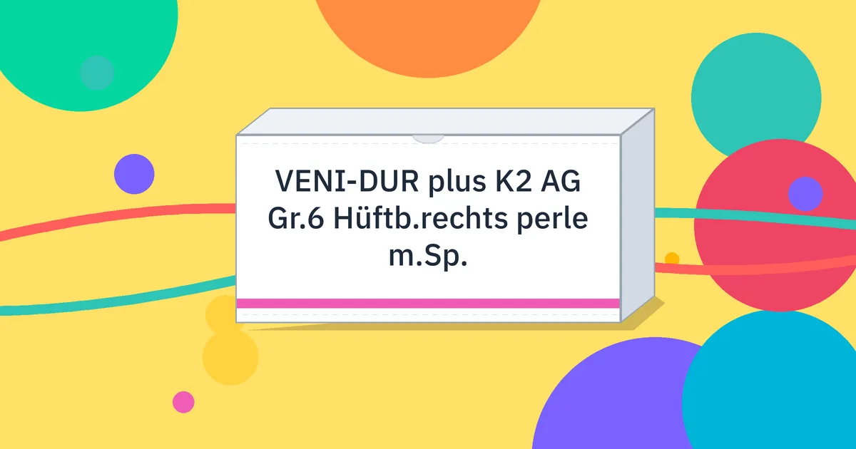 Symbolbild: Packung mit der Aufschrift VENI-DUR plus K2 AG Gr.6 Hüftb.rechts perle m.Sp. (PZN 03255930) – Verfügbarkeit und Bezug in Apotheken in Frankfurt am Main