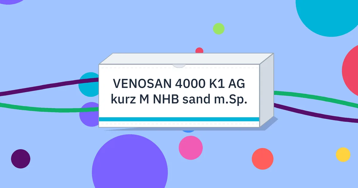 Symbolbild: Packung mit der Aufschrift VENOSAN 4000 K1 AG kurz M NHB sand m.Sp. (PZN 14422265) – Verfügbarkeit und Bezug in Apotheken in Frankfurt am Main