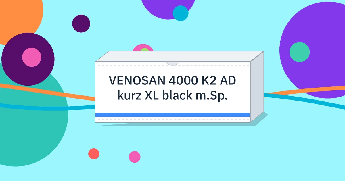 Symbolbild: Packung mit der Aufschrift VENOSAN 4000 K2 AD kurz XL black m.Sp. (PZN 14427311) – Verfügbarkeit und Bezug in Apotheken in Frankfurt am Main