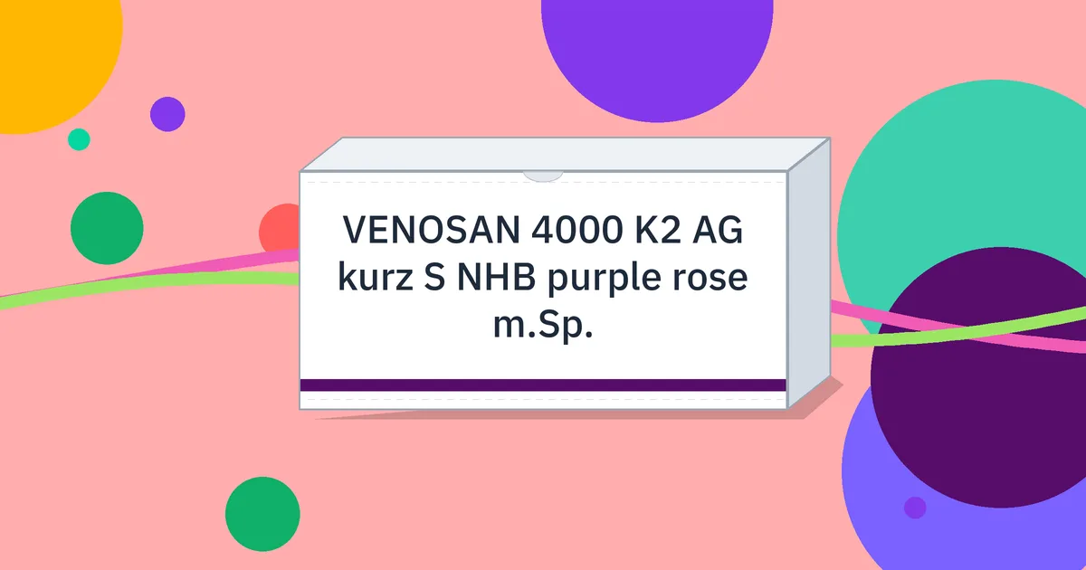 Symbolbild: Packung mit der Aufschrift VENOSAN 4000 K2 AG kurz S NHB purple rose m.Sp. (PZN 18848096) – Verfügbarkeit und Bezug in Apotheken in Frankfurt am Main