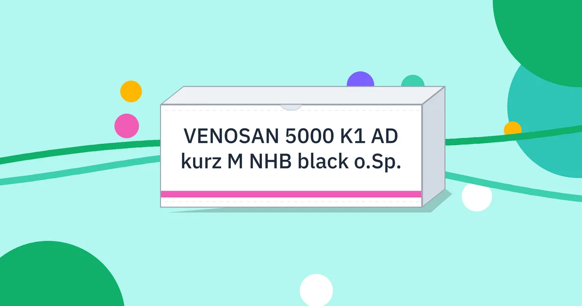 Symbolbild: Packung mit der Aufschrift VENOSAN 5000 K1 AD kurz M NHB black o.Sp. (PZN 14432677) – Verfügbarkeit und Bezug in Apotheken in Frankfurt am Main