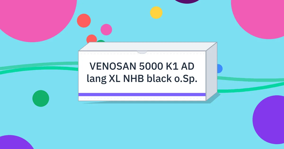 Symbolbild: Packung mit der Aufschrift VENOSAN 5000 K1 AD lang XL NHB black o.Sp. (PZN 14432619) – Verfügbarkeit und Bezug in Apotheken in Frankfurt am Main
