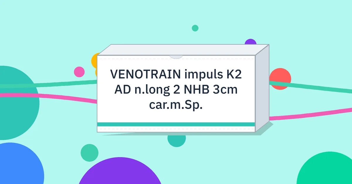 Symbolbild: Packung mit der Aufschrift VENOTRAIN impuls K2 AD n.long 2 NHB 3cm car.m.Sp. (PZN 00645895) – Verfügbarkeit und Bezug in Apotheken in Frankfurt am Main