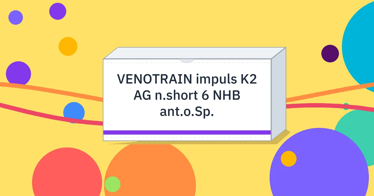 Symbolbild: Packung mit der Aufschrift VENOTRAIN impuls K2 AG n.short 6 NHB ant.o.Sp. (PZN 15214965) – Verfügbarkeit und Bezug in Apotheken in Frankfurt am Main