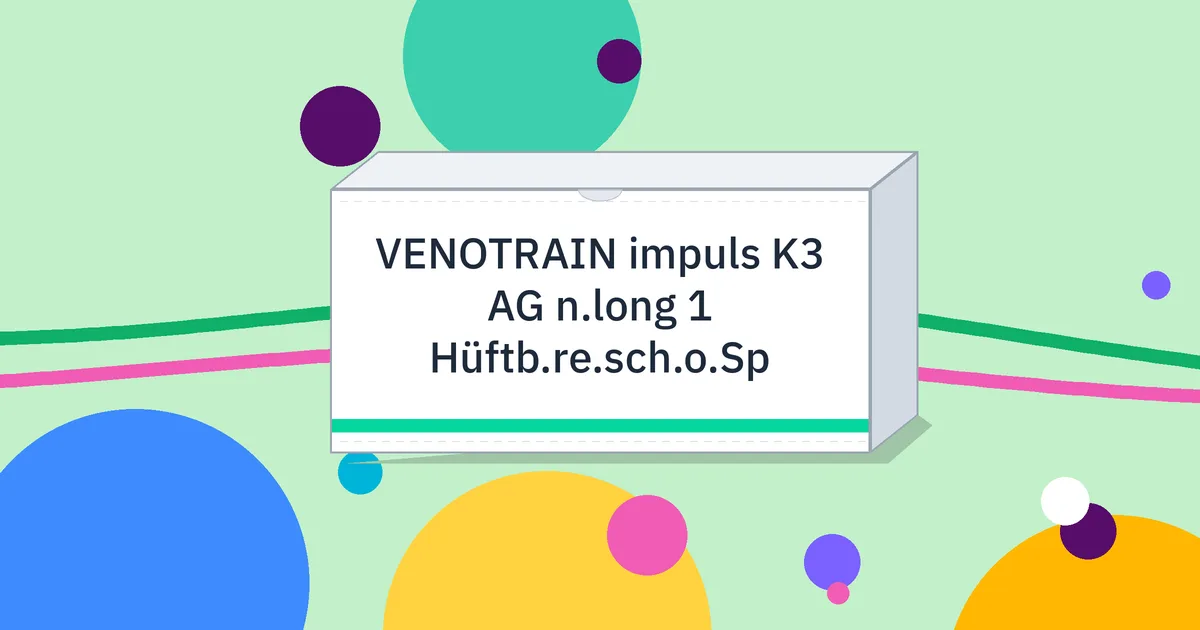 Symbolbild: Packung mit der Aufschrift VENOTRAIN impuls K3 AG n.long 1 Hüftb.re.sch.o.Sp (PZN 10294132) – Verfügbarkeit und Bezug in Apotheken in Frankfurt am Main