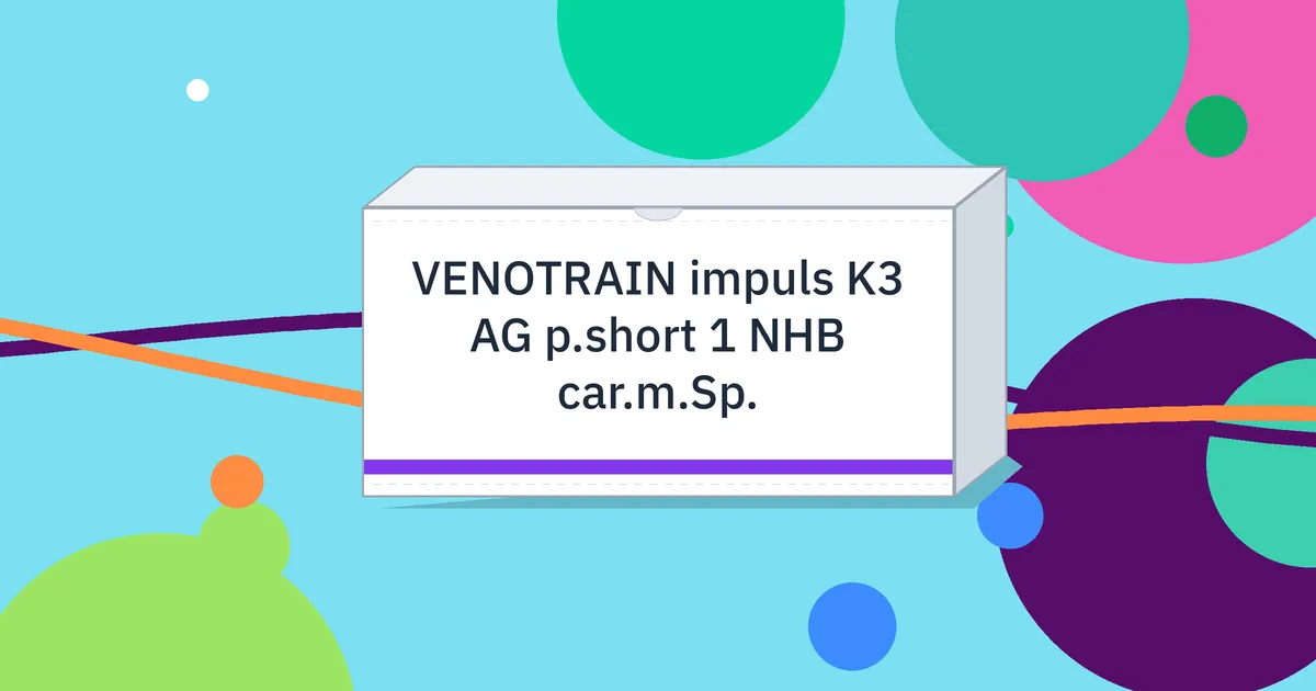 Symbolbild: Packung mit der Aufschrift VENOTRAIN impuls K3 AG p.short 1 NHB car.m.Sp. (PZN 00521294) – Verfügbarkeit und Bezug in Apotheken in Frankfurt am Main