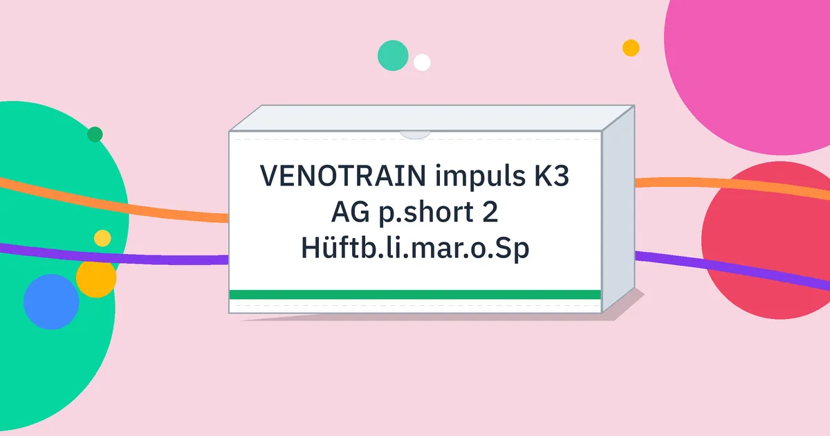 Symbolbild: Packung mit der Aufschrift VENOTRAIN impuls K3 AG p.short 2 Hüftb.li.mar.o.Sp (PZN 15220351) – Verfügbarkeit und Bezug in Apotheken in Frankfurt am Main