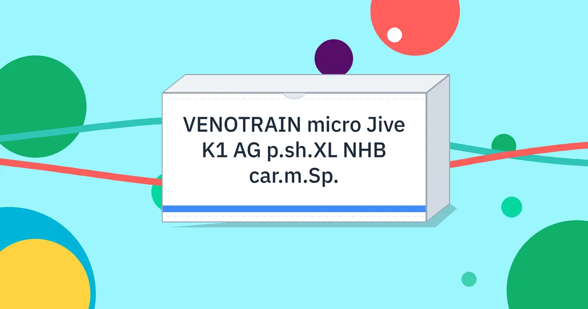 Symbolbild: Packung mit der Aufschrift VENOTRAIN micro Jive K1 AG p.sh.XL NHB car.m.Sp. (PZN 17764227) – Verfügbarkeit und Bezug in Apotheken in Frankfurt am Main