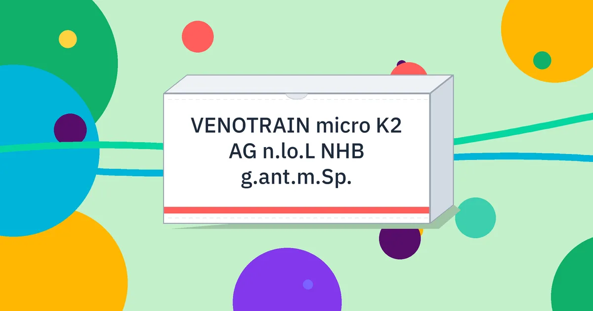Symbolbild: Packung mit der Aufschrift VENOTRAIN micro K2 AG n.lo.L NHB g.ant.m.Sp. (PZN 11062470) – Verfügbarkeit und Bezug in Apotheken in Frankfurt am Main