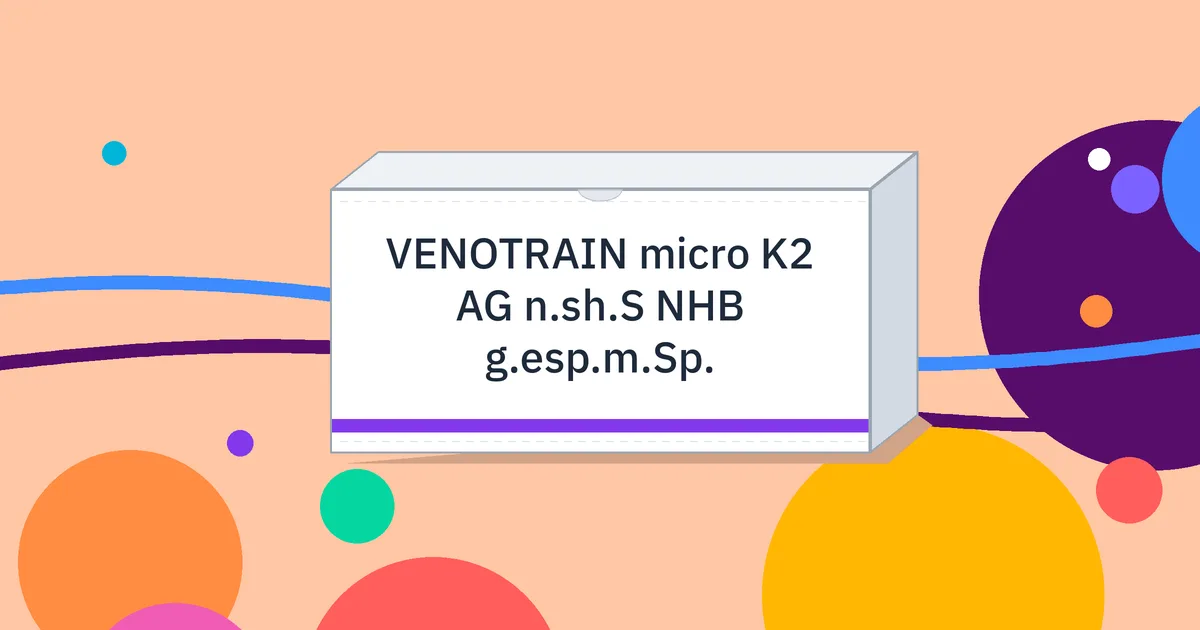 Symbolbild: Packung mit der Aufschrift VENOTRAIN micro K2 AG n.sh.S NHB g.esp.m.Sp. (PZN 06050370) – Verfügbarkeit und Bezug in Apotheken in Frankfurt am Main