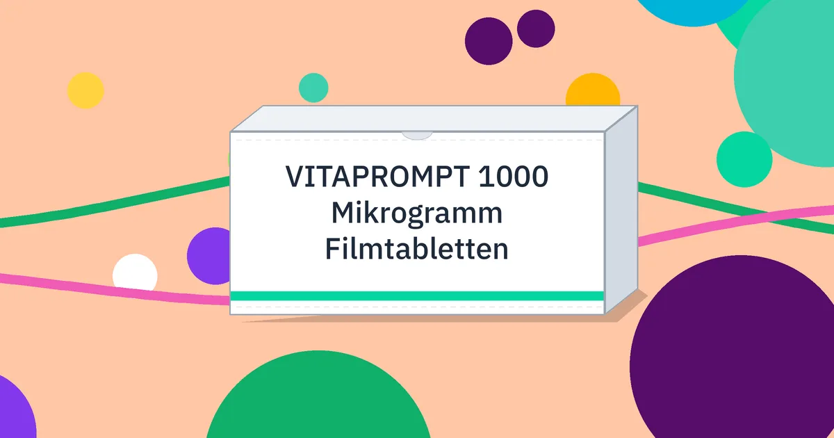 Symbolbild: Packung mit der Aufschrift VITAPROMPT 1000 Mikrogramm Filmtabletten (PZN 18299910) – Verfügbarkeit und Bezug in Apotheken in Frankfurt am Main