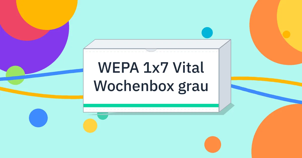 Symbolbild: Packung mit der Aufschrift WEPA 1x7 Vital Wochenbox grau (PZN 20646282) – Verfügbarkeit und Bezug in Apotheken in Frankfurt am Main