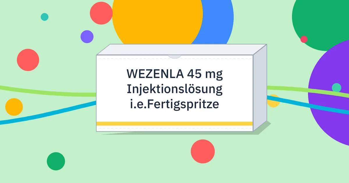 Symbolbild: Packung mit der Aufschrift WEZENLA 45 mg Injektionslösung i.e.Fertigspritze (PZN 19780087) – Verfügbarkeit und Bezug in Apotheken in Frankfurt am Main